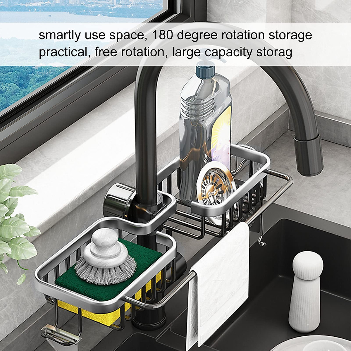 Jeanoko Faucet Storage Shelf Aluminum Plastic Two Containers with Towel Rod Kitchen Sink Faucet Shelf for Sponge Rag Kitchen Bathroom(Silver)