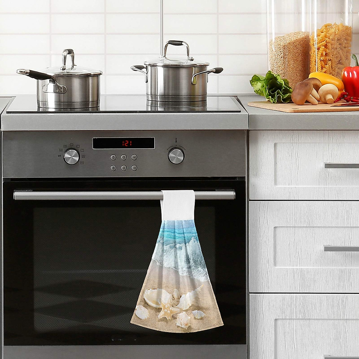 Sea Beach Shells Starfish Kitchen Hanging Towel 12 x 17 Inch Ocean Shore Saeshell Hand Tie Towels Set 2 Pcs Tea Bar Dish Cloths Dry Towel Soft Absorbent Durable for Bathroom Laundry Room Decor