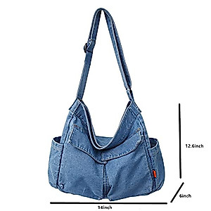 Denim Shoulder Bag Travel Tote for Women Hobo Tote Bag Casual Canvas Bag Retro Crossbody Bag Large Capacity Purse (Blue-A)