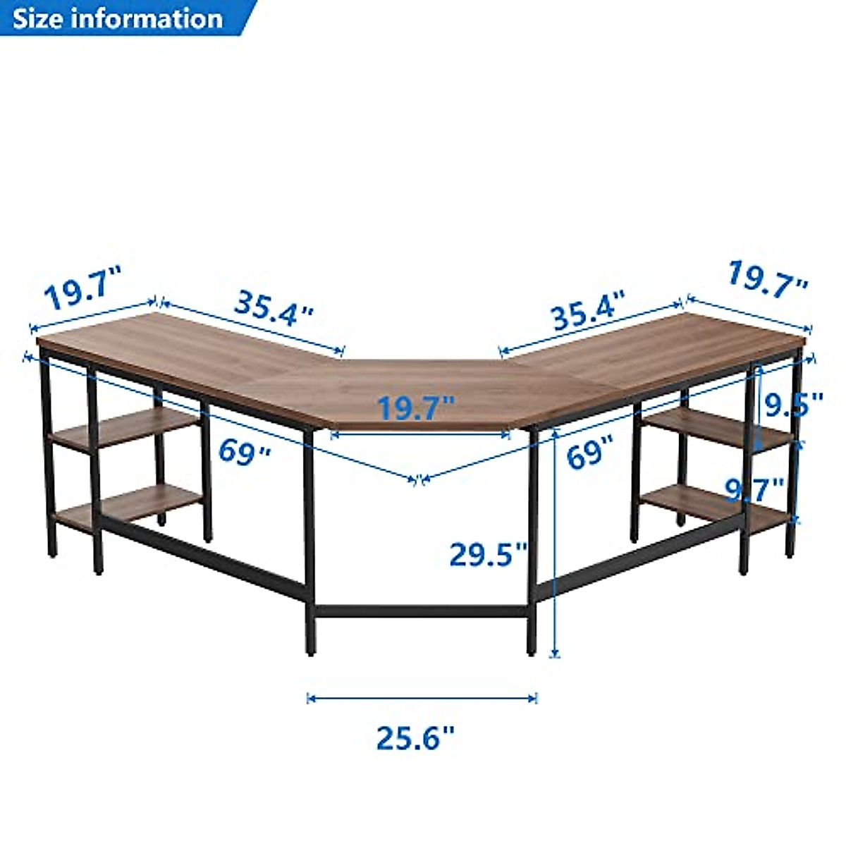 Yongchuang L Shaped Desk with Storage, Large Home Office L-Shaped Computer Desk with Shelves Reversible Corner Desk 69" Writing Table Workstation Industrial Study Desk Brown Wood Top