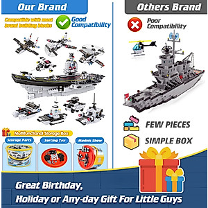 WishaLife 1320 Pieces Aircraft Carrier Building Blocks Set, Military Battleship Model Toy with Army Car, Helicopter & Boat, Military Toys Gift for Kids Boys Girls Age 6-12