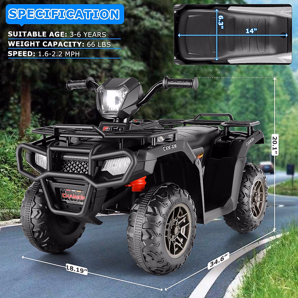 Hikole 12V Kids Ride On Electric ATV, 4 Wheeler Quad Car for Girls Boys w/LED Lights, Music, High/Low Speed,Treaded Tires, 4 Wheeler for Kids(Black)