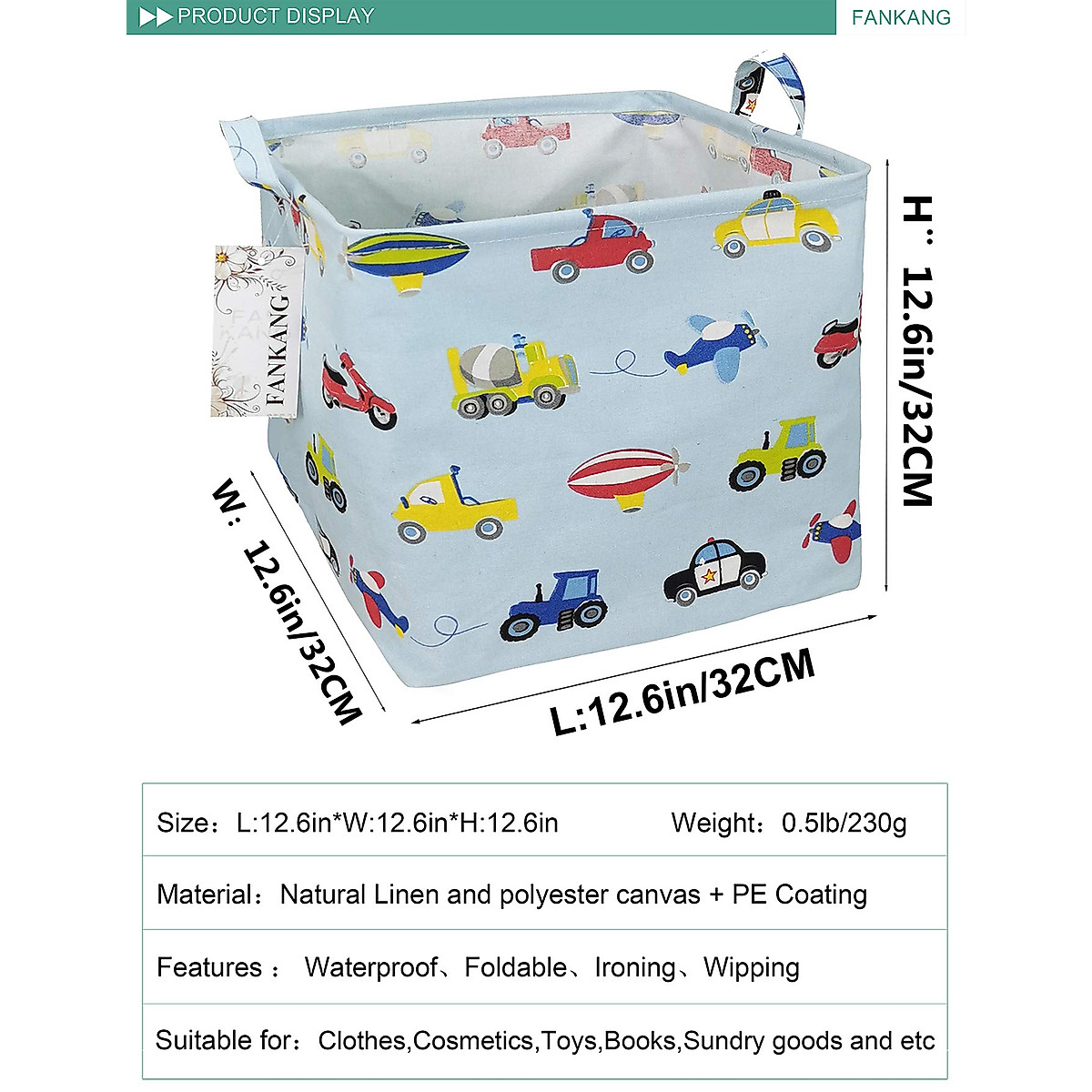 FANKANG Square Nursery Hamper Storage Bins Canvas Laundry Basket Foldable with Waterproof PE Coating Storage Baskets Gift Baskets for Children, Office, Bedroom, Clothes（Square-Car ）