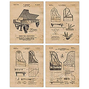 Vintage Steinway Piano Patent Prints, 4 (8x10) Unframed Photos, Wall Art Decor Gifts Under 20 for Home Office Garage Man Cave Lounge Lobby School College Student Teacher Rock Band Music Fan