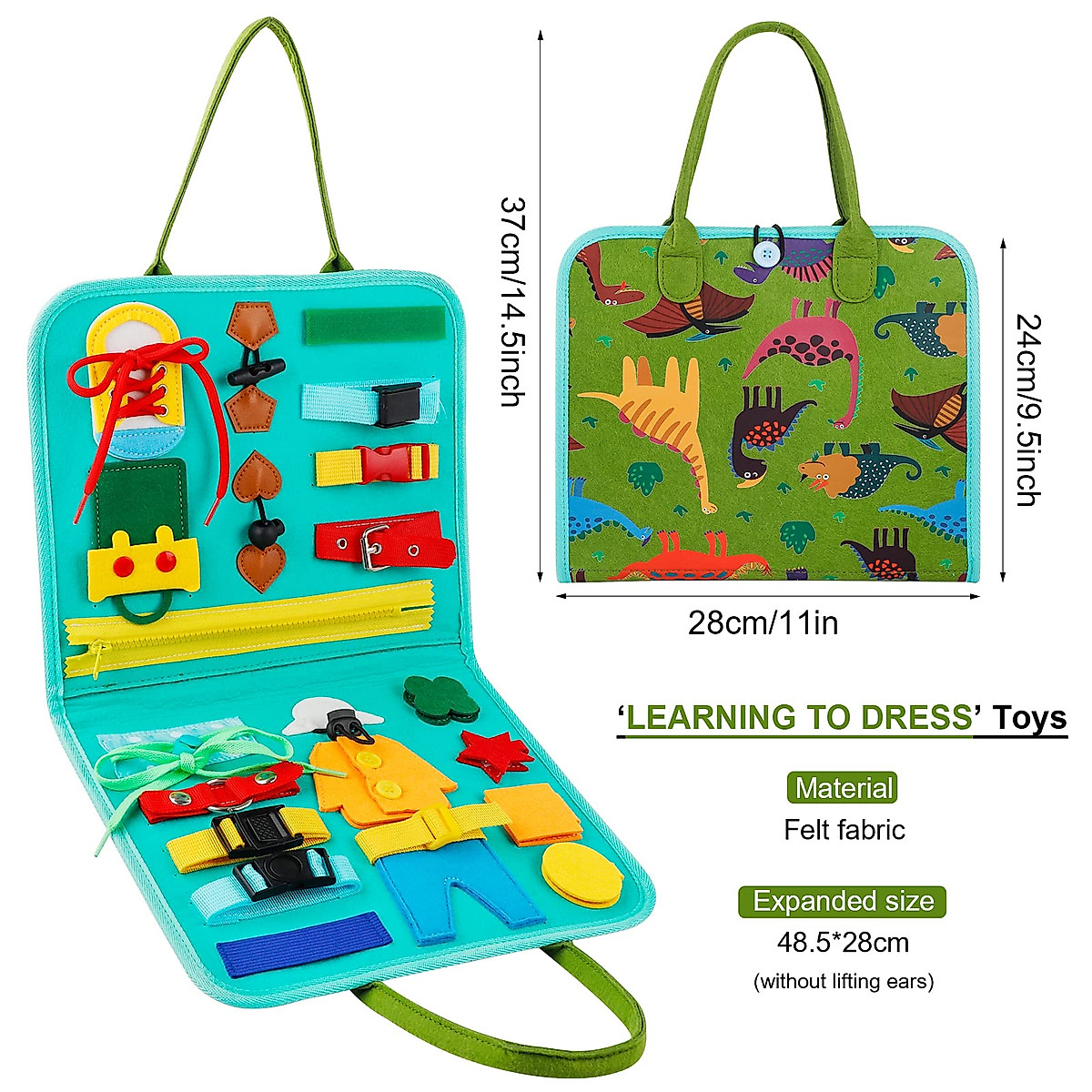 Busy Board for Toddler 1-3 Years Old - Dinosaur Montessori Sensory Toys Baby Kids Activities Travel Educational Toy Preschool Learning Fine Motor Skills Basic Dressing Skills Airplane and Car