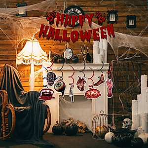 Quimoy Scary Halloween Banner, Happy Halloween Party Decorations, Scary Halloween Decorations with 8Pcs Halloween Hanging Swirls for Halloween Party Indoor Outdoor