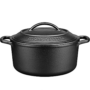 EDGING CASTING Pre-Seasoned Cast Iron Dutch Oven Pot with Lid Dual Handle, Round 5 Quart, Black