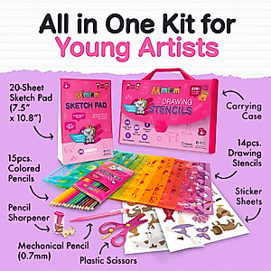 Mimtom Drawing Stencil Kit for Kids, 51 PC Art Set with 270+ Shapes, Sketch Pad, and Colored Pencils for Child's DIY Arts and Crafts, Draw with Princess, Fairies and Animal Stencils, Pink