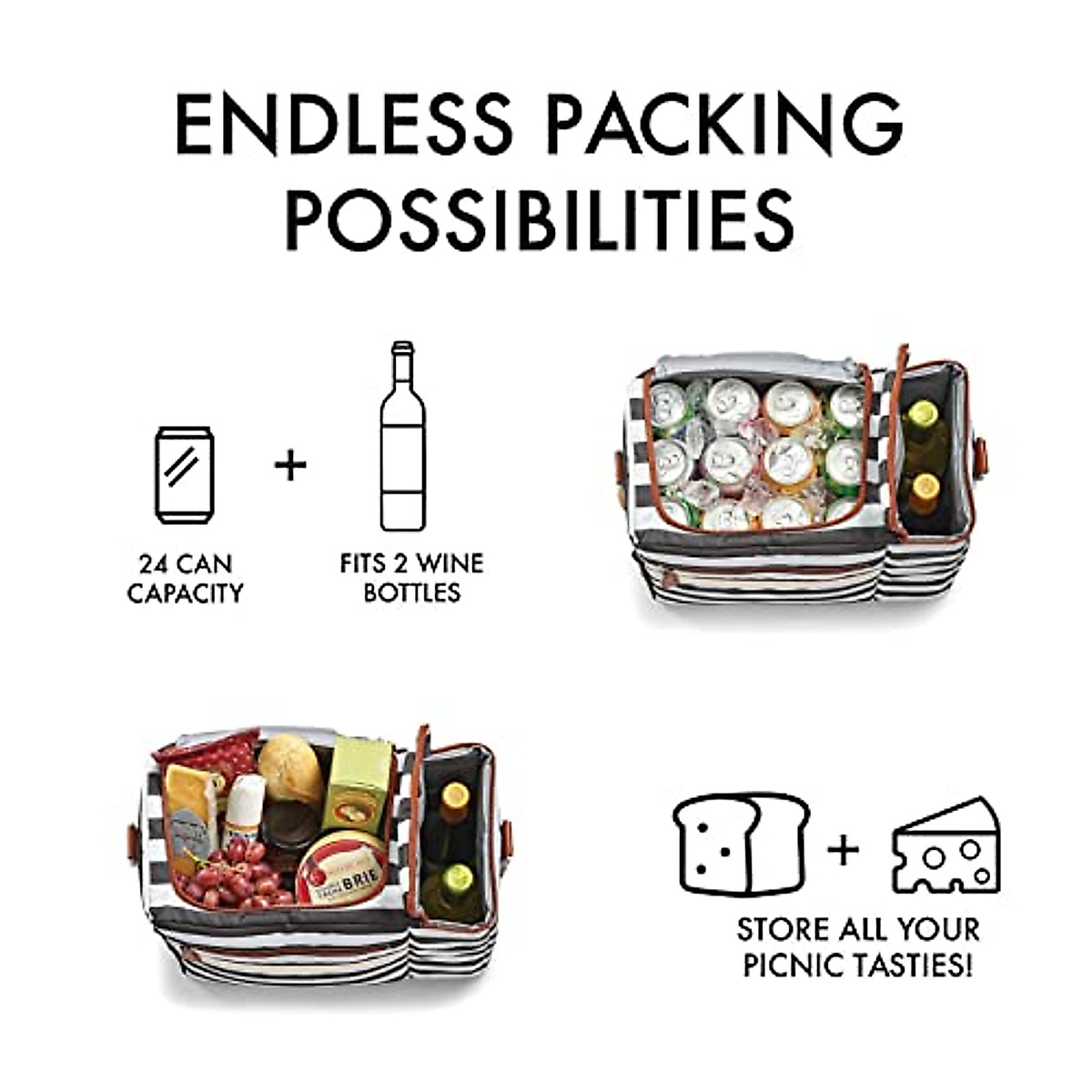 Foundry by Fit + Fresh, Brooks Dual-Compartment Insulated Cooler Bag with Wine Cooler Compartment, Food & Beverage Beach Bag, Picnic Basket, Perfect For Tailgating & Camping Accessories, Black & White