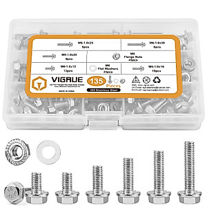 M6-1.0 x 12/16/20/25/30mm Flanged Hex Head Bolts, VIGURE 135PCS M6 Flange Hexagon Screws Serrated Flange Nuts Washers, Stainless Steel 18-8 (304), DIN 6921