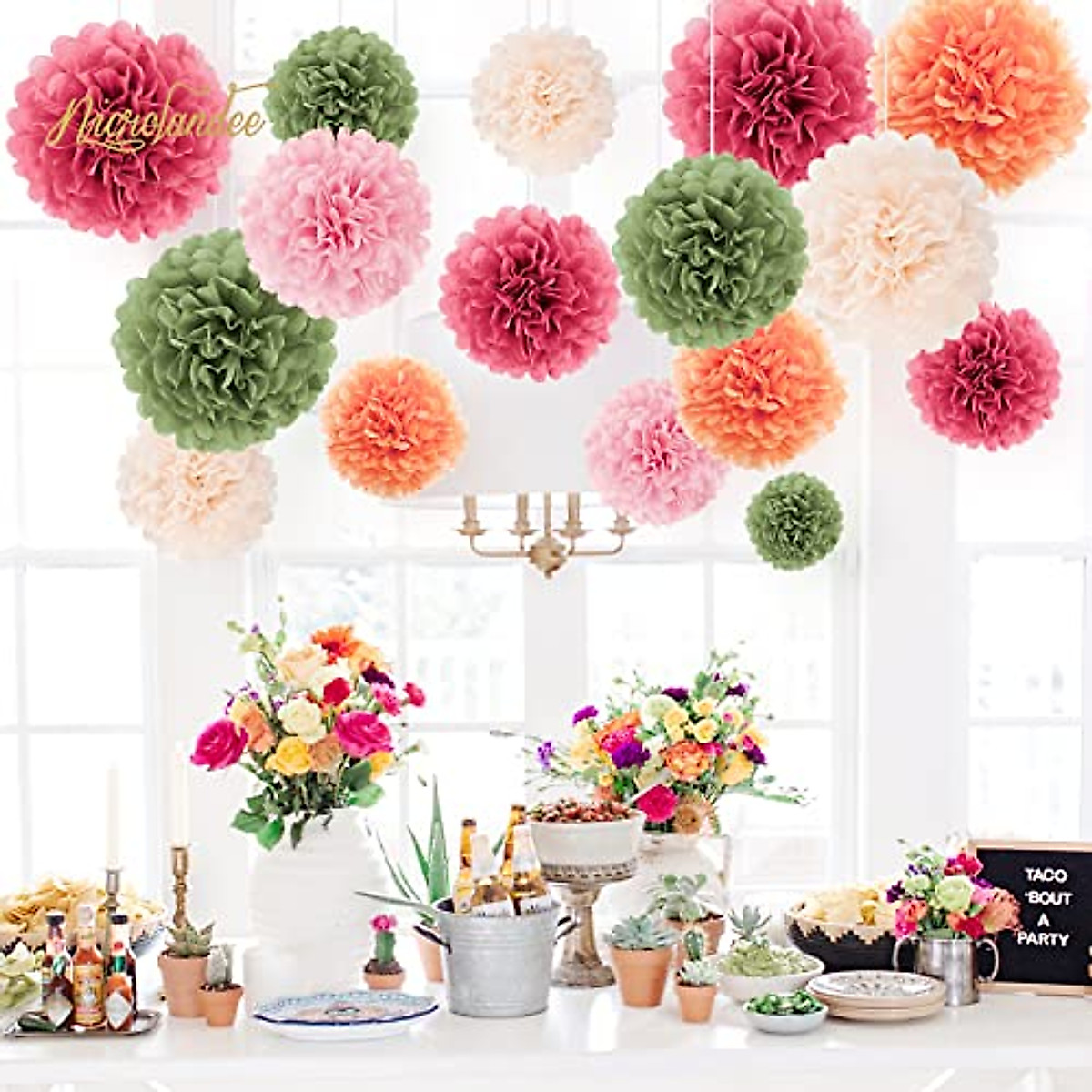 NICROLANDEE Wedding Party Decorations - 16Pcs Pink, Sage Green, Ivory Tissue Paper Pom Poms for Birthday, Engagement, Baby/Bridal Shower, Anniversary, Pastel Party, Festival Decorations