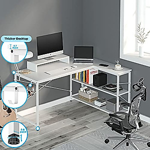 L-Shaped Desk with Storage Shelves, Computer Desk with Monitor Stand Study Writing Table Workstation, Easy to Assemble, White