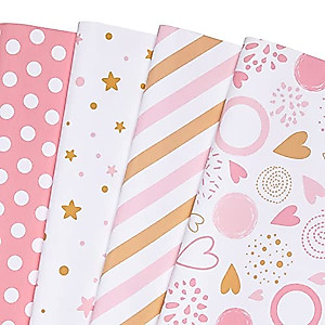 PlandRichW Birthday Wrapping Paper Folded for Girls, Women, Baby, Pink Wrapping Paper, Pink Gift Wrap for Birthday, Valentines, Christmas, Wedding, Baby Shower, Pre-cut 12 Sheets Each 20"X 29"
