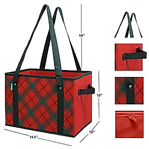 Earthwise Deluxe Collapsible Reusable Shopping Box Grocery Bag Set with Reinforced Bottom Plaid Holiday Xmas Christmas Design Storage Boxes Bins Cubes (Set of 3) (Holiday)