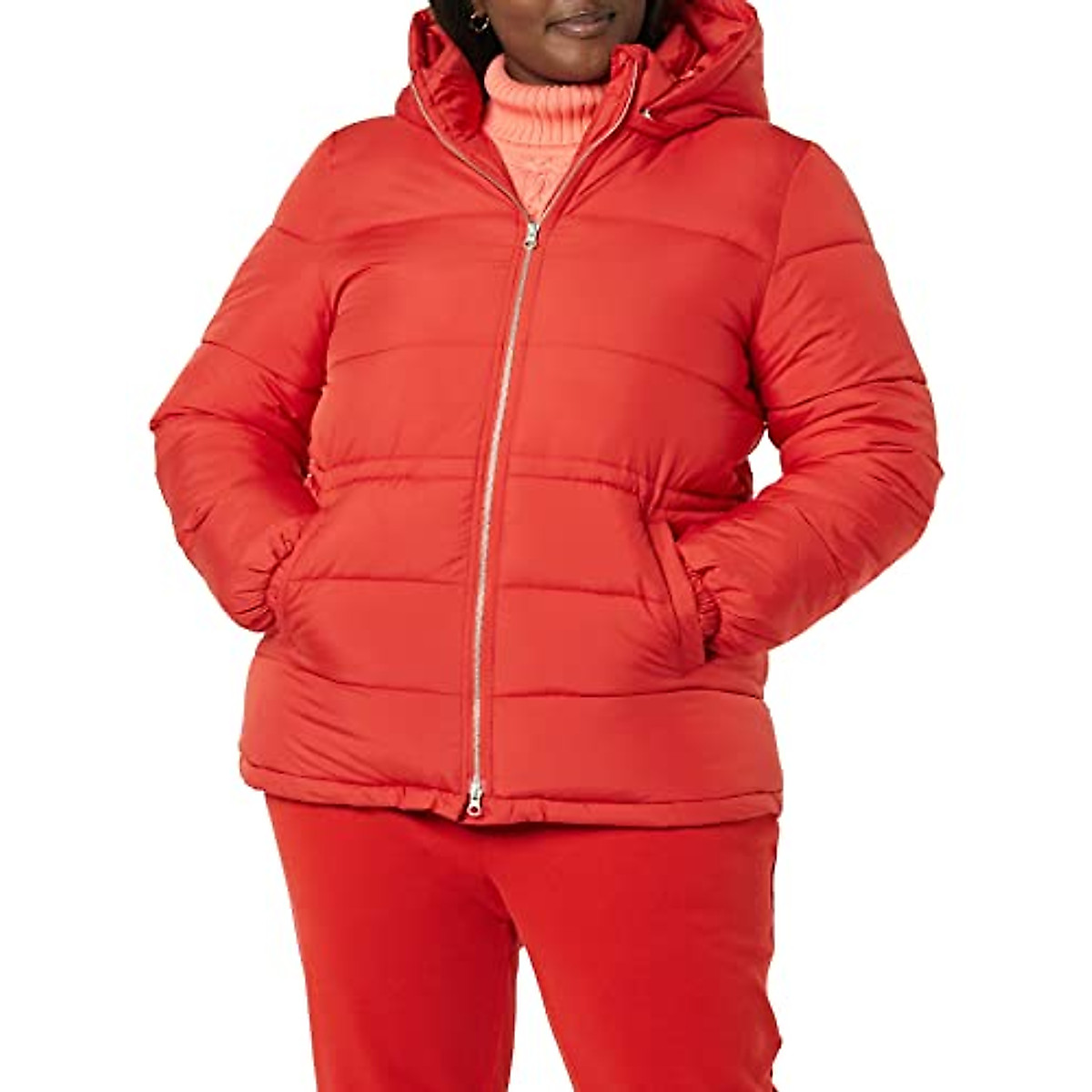 Amazon Essentials Women's Heavyweight Quilted Hooded Puffer Winter Jacket with Adjustable Waist, Red, X-Large