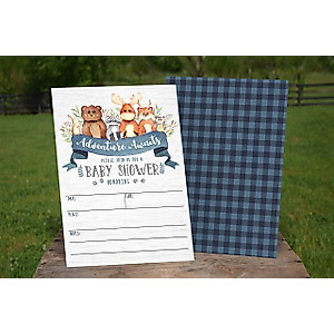 Blue Woodland Baby Shower Invitations, Forest Animal Baby Shower Invitations for Boy, Adventure Awaits Lumberjack with Bear, Moose, Raccoon, Deer, Baby Sprinkle, 20 Fill in Invitations and Envelopes