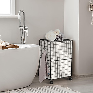 ELYKEN 2 Pack Laundry Hamper with Lid and Wheel, Rolling Metal Wire Frame Dirty Clothes Basket for Small Bathroom, 61L Capacity Liner Bag with Handle, Heavy Duty Steel Cover Bedroom Organizer White