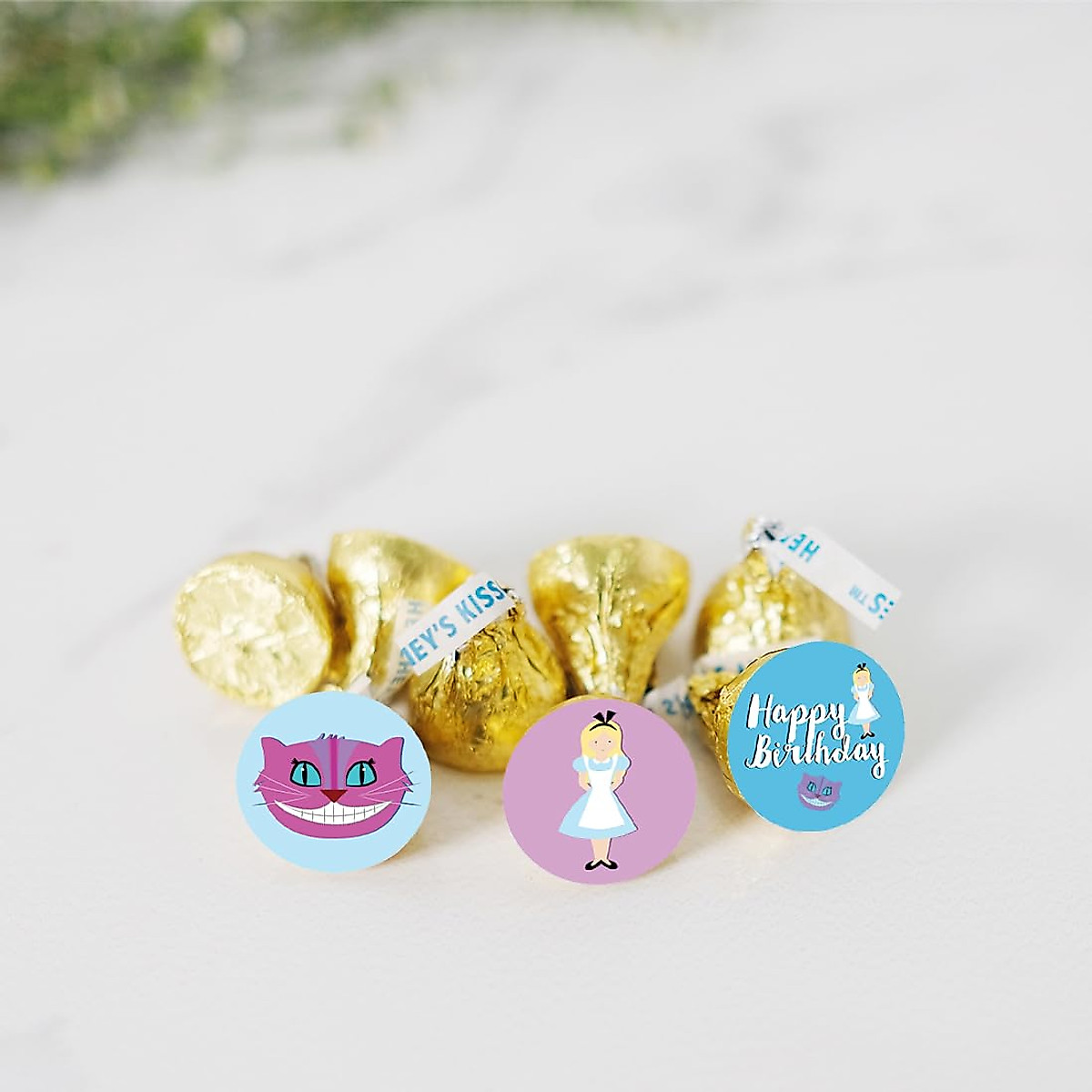 Andaz Press Birthday Chocolate Drop Labels Trio, Fits Kisses Party Favors, Alice in Wonderland - Alice, Cheshire Cat, Happy Birthday, 216-Pack