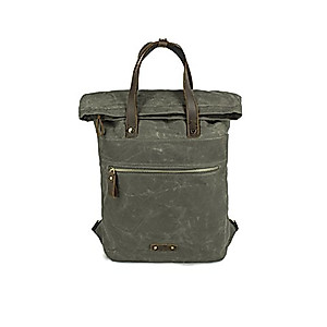 Waxed Canvas Backpack Roll Top Big Rucksack Unisex Casual Daypack for College Travel Hipsters Women Men (Army Green)