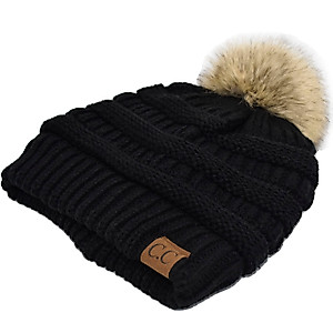 C.C Trendy Fuzzy Sherpa Fleece Lined Warm Soft Stretch Cable Knit Faux Fur Pom Pom Skull Cap Cuff Beanie Hat