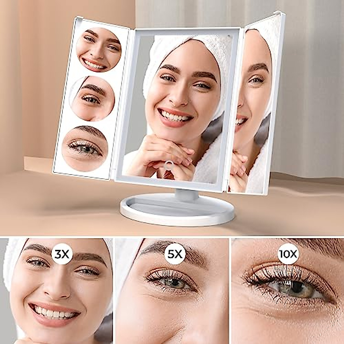 ZL ZELing LED Makeup Mirror with Lights, Trifold Vanity Mirror with 3X/5X/10X Magnification, Smart Touch Control, Dual Power Supply, Portable Cosmetic Mirror,Gift for Women
