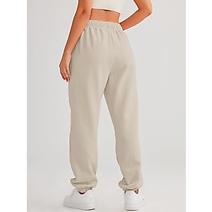 AUTOMET Womens Sweatpants Fleece Lined Fall Outfits Baggy High Waisted Straight Leg Sweat Pants 2024 Drawstring Winter Burnt Casual Athletic Lounge Joggers Beige S