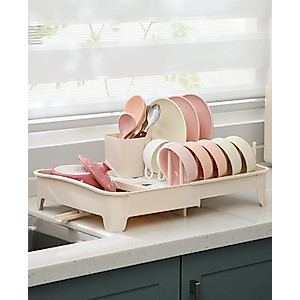 Outlet Dish Drying Rack - Large Adjustable Dish Rack Expandable Plastic Dish Drainer for Kitchen Counter with Utensil Holders, Detachable Space Saving Kitchen Organizer for Bowls Plates (Apricot)