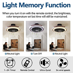 HuixuTe 21" Modern Ceiling Fan with Light Remote Control, 3 Colors 6 Speeds Coffee Bladeless Ceiling Fan, Low Profile Fush Mount Ceiling Fan with Light for Bedroom Living Room