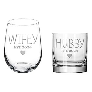 MIP Set of 2 Glasses Stemless WINE & ROCKS Whiskey Gift Hubby & Wifey Husband And Wife Wedding Engagement For Couple
