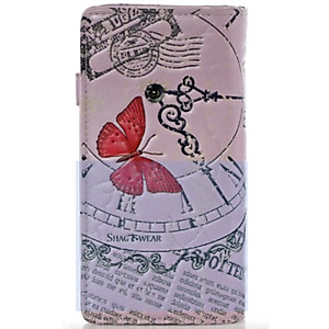 Shag Wear Butterflies Vintage Time Piece Large Fashion Wallet for Women and Teen Girls Vegan Faux Leather 7" Pink