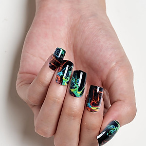 GLAMERMAID Black Press on Nails Medium Square, Tie Dye Gothic Fake Nails Tips Short Square, Ombre Color Oil Paint Glue on Nail Summer Glossy Gel Set, Reusable Acrylic False Nail Manicure Kit for Women