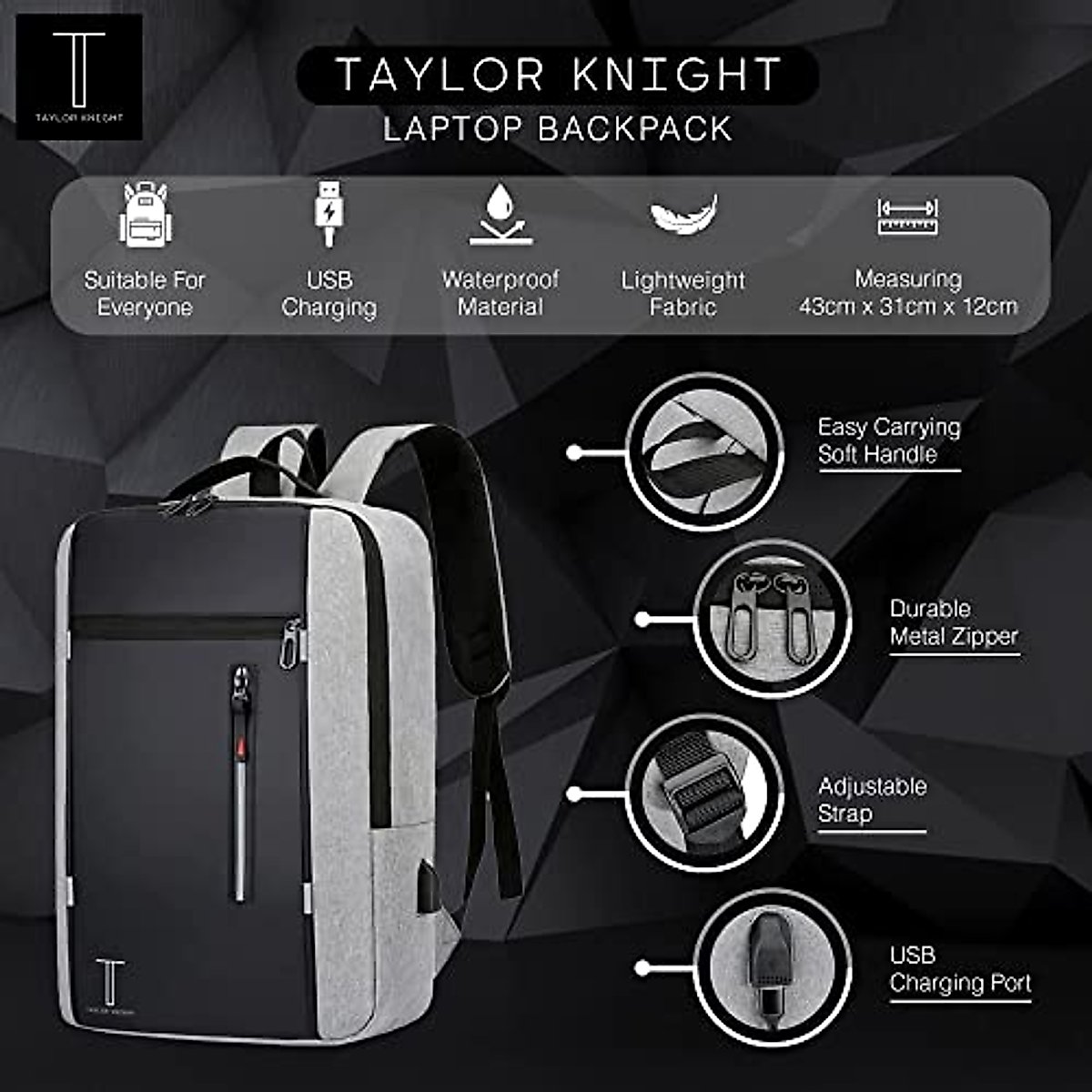 Taylor Knight Travel Laptop Backpack with USB Charging, Perfect for Business, School, College & Travel. Notebook Bag is suitable for Men and women, Great Gift for Laptop up to 15.6" (Grey)