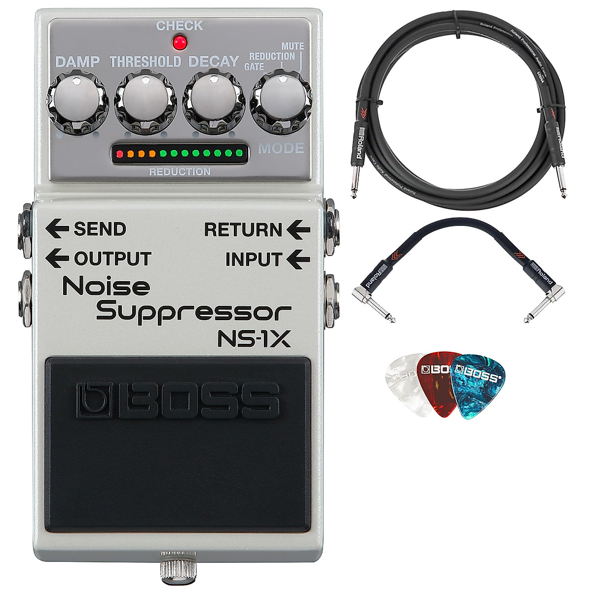 Boss NS-2 Noise Suppressor Bundle with 10ft Instrument Cable, 6in Patch Cable, and Picks