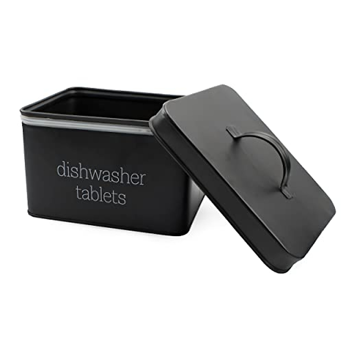 AuldHome Black Dishwasher Pod Holder, Tablet Container; Enamelware Kitchen Storage Tin with Lid