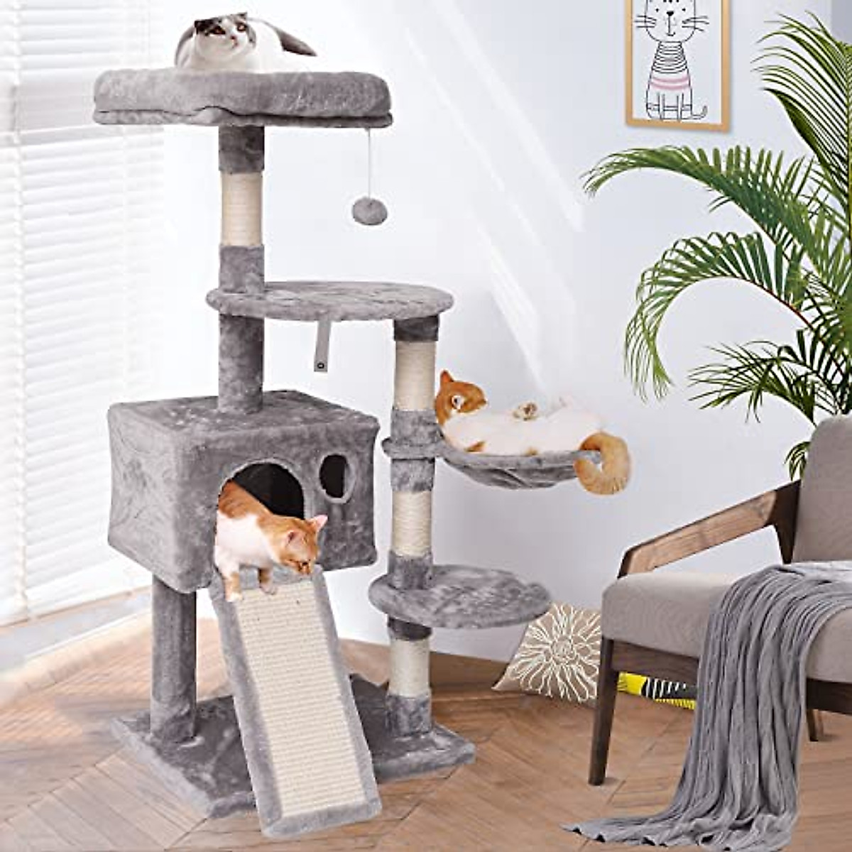 MQ Cat Tree Tower 47.3 in, Multi Level Cat Scratching Post with Condo, Ladder, Hammock & Plush Perches for Kittens, Adult Cats, Light Gray