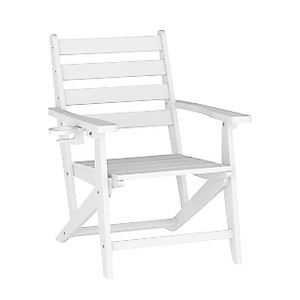 Flash Furniture Tolleson Adirondack Dining Chair with Cup Holder, Commercial Weather Resistant Recycled HDPE Adirondack Chair, Fold Out Cupholder, White