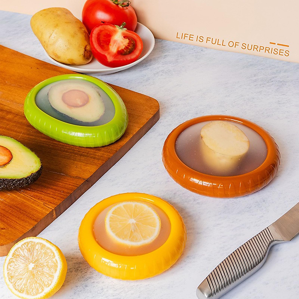 rimzuej 4PC Fruit and vegetable Anti-oxidation Storage Box,Silicone Fruit Storage Box, Storage Containers for Fridge, Reusable Food Saver for Avocado Tomato Onion Lemon（4-pack）