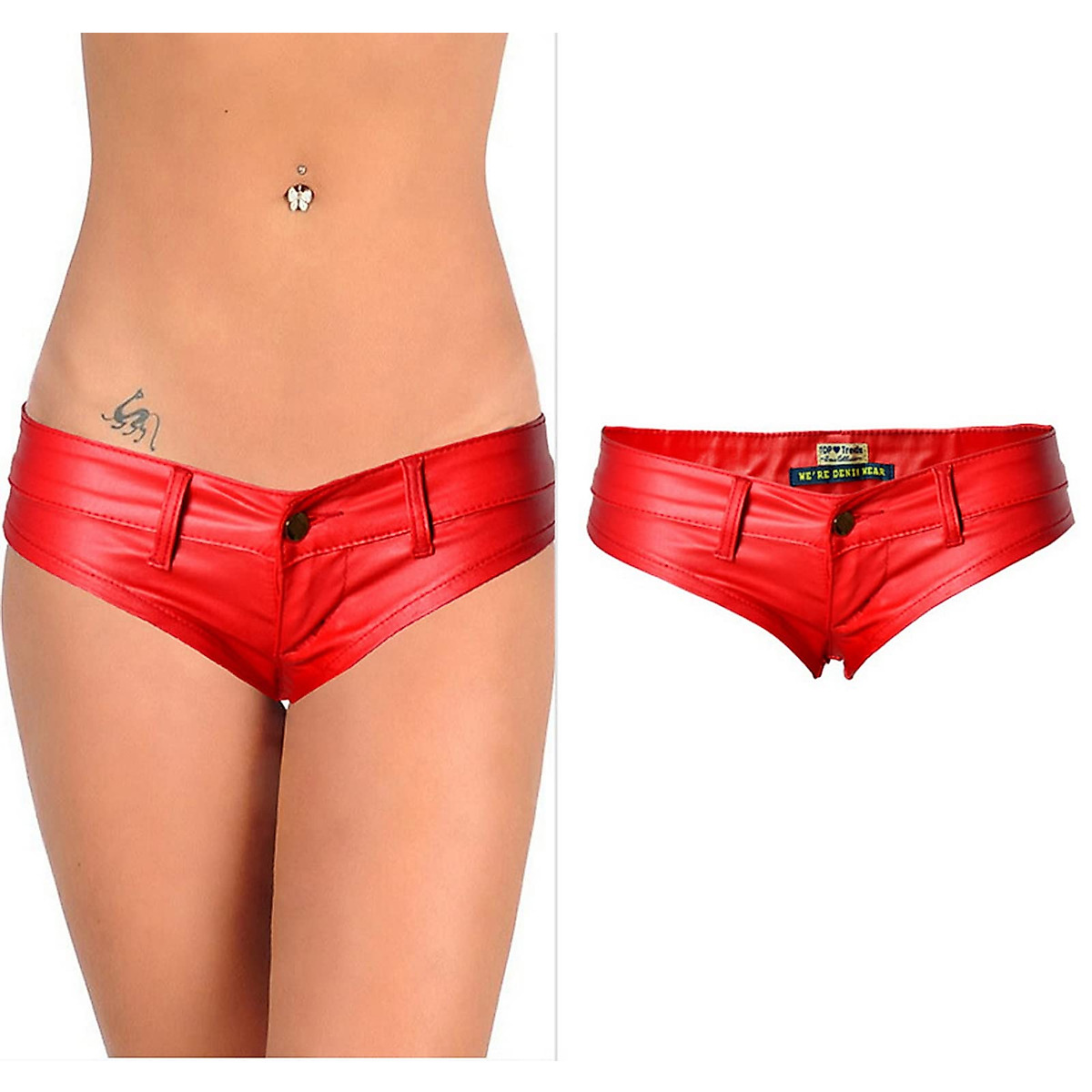 Faringoto Red Girls Low Rise Stretch PU Coated Faux Leather Button Zip Hot Pants