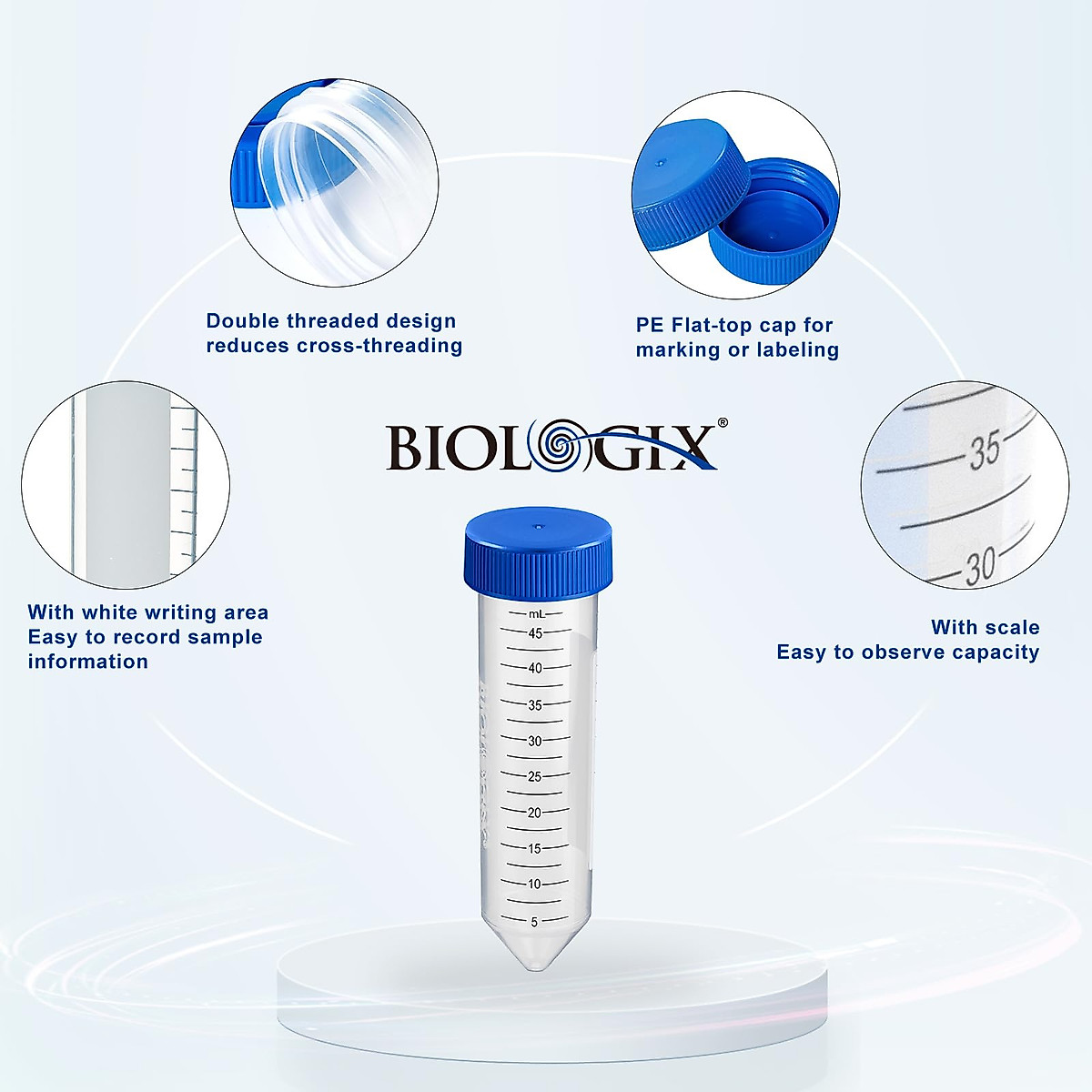 50ml Polypropylene Centrifuge Tubes, Racked Package Tubes, Flat Seal Conical Tubes, Sterilisation, RNase & DNase Free, 25 Tubes/Rack, 20 Racks/Case, Total of 500 Tubes