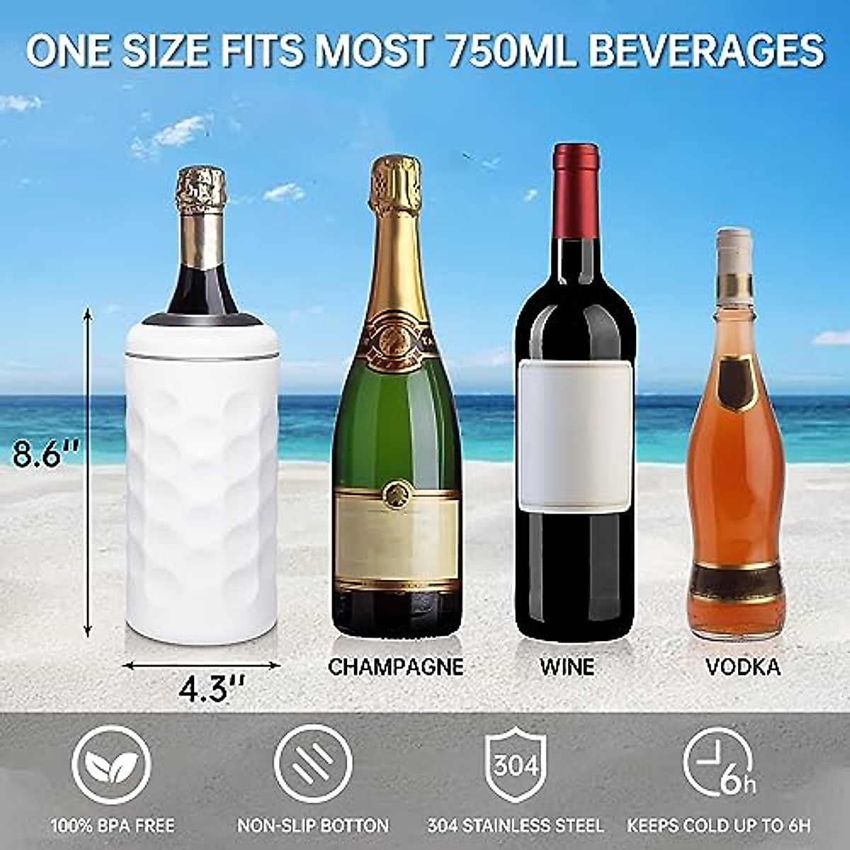 Wine Chiller Bucket with Stainless Steel Ice Cubes, Portable 750ml Wine Bottle Chiller Keep Beverages Cold, Wine Bottle Cooler Vacuum Insulated Wine Gifts for Women - White