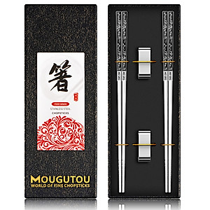 Metal Chopsticks Reusable Chop Sticks 2 Pairs with Holder Non-slip Titanium Plated Stainless Steel Chopsticks Japanese Korean Chopstick Dishwasher Safe Exquisite Pattern MOUGUTOU Gift Set (Black)