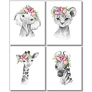 Safari Animals Wall Art Prints - Nursery Decor - Set of 4 - Zoo Animal Pictures - Unframed - (8x10)