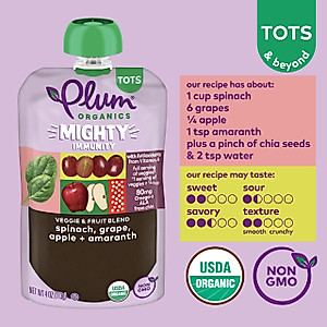 Plum Organics Mighty Veggie Blends Organic Baby Food Meals [12+ Months] Spinach, Grape, Apple & Amaranth 4 Ounce Pouch (Pack Of 12) Packaging May Vary