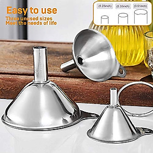 Kitchen Funnels for Filling Bottles, YGDZ 3pcs Small/Medium/Large Food Grade Stainless Steel Metal Kitchen Funnels Set for Essential Oil Spices Liquid, 2pcs Cleaning Brushes