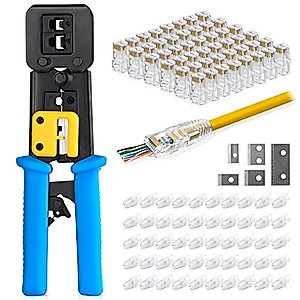 EMS RJ45 Crimp Tool Kit, With 50 Cat6 Pass Through Connectors and 50 Clear Cable Strain Relief Boots + Extra blades - EZ Cut, Strip, Crimp Ethernet Cables