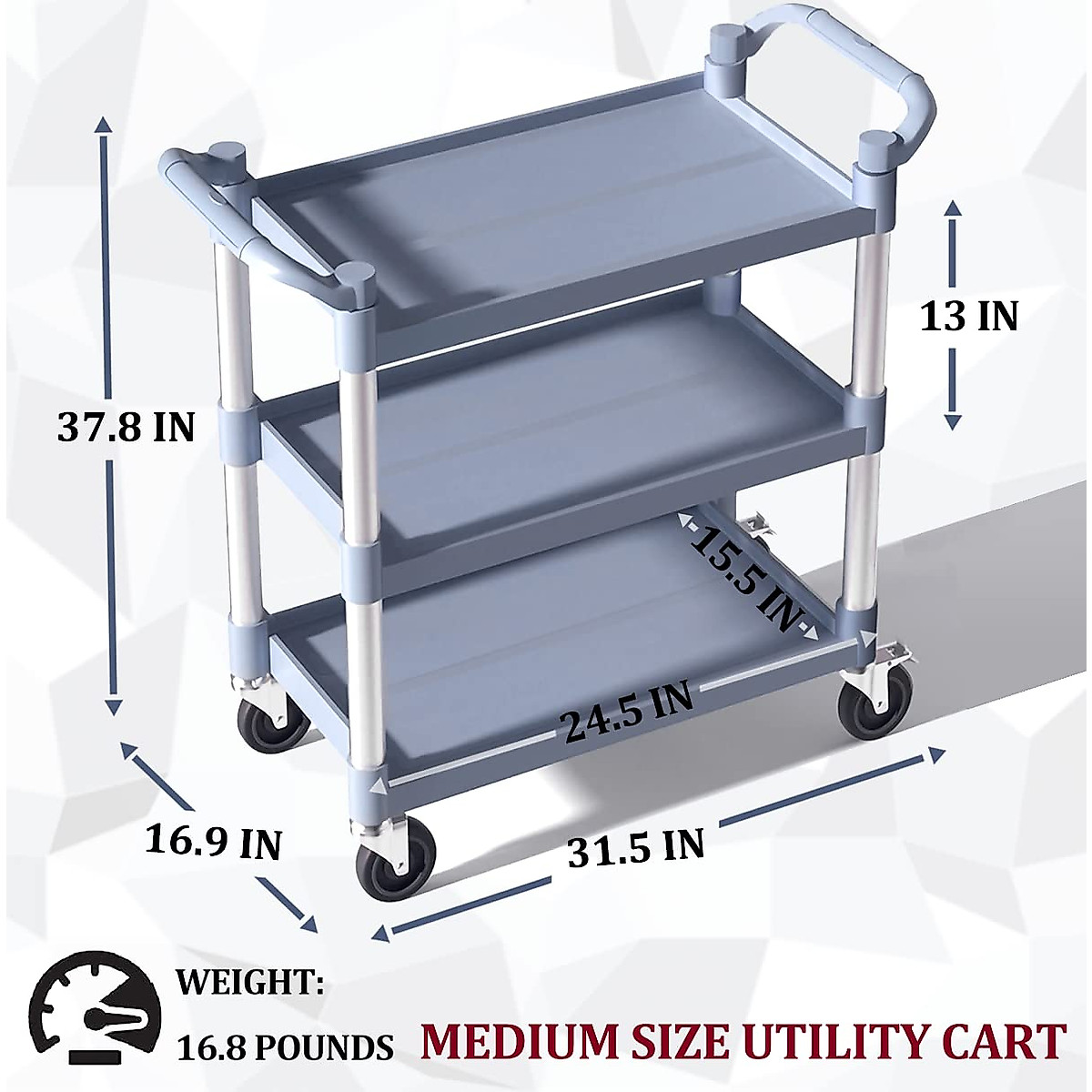 BRLJUNEO Plastic Utility Carts with Wheels, 3-Tier Medium Size Restaurant Food Cart, Heavy Duty 510lbs Capacity Rolling Service Cart w/Hammer for Commercial, Kitchen, Office (Lockable Wheels, M-Grey)
