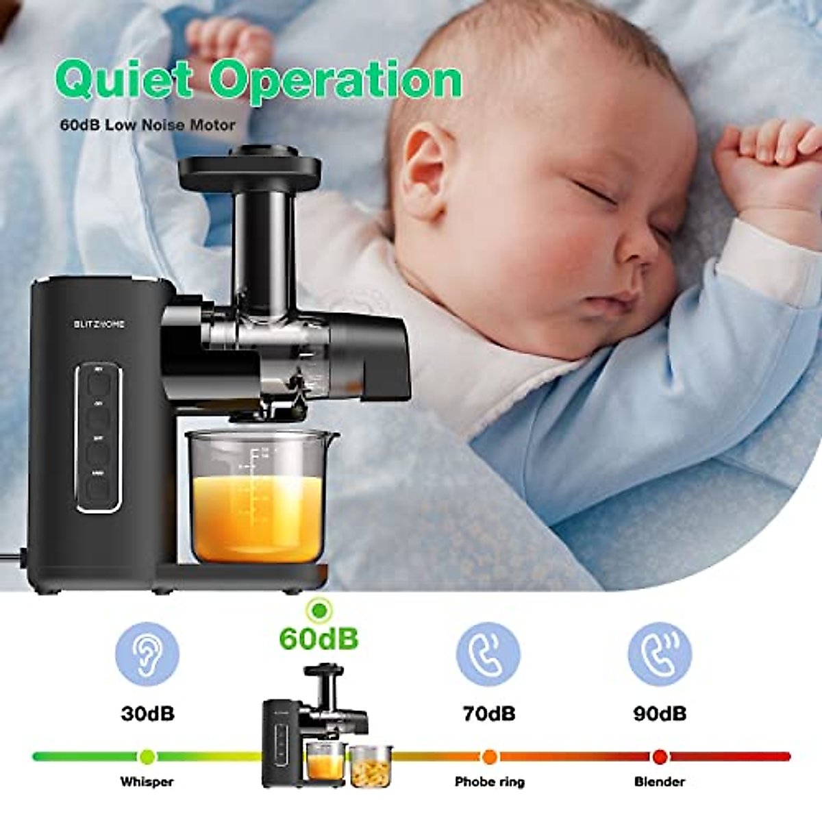 BLITZHOME Cold Press Juicer machines, 2-Speed Modes Slow Masticating Juicer for Vegetable and Fruit, with Quiet Motor/Reverse Function/Wide 1.73" Feed Chute, Easy to Clean