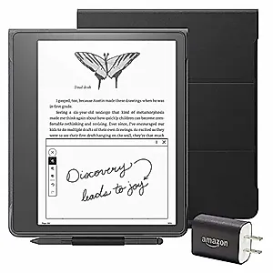 Kindle Scribe Essentials Bundle including Kindle Scribe (64 GB), Premium Pen, Leather Folio Cover with Magnetic Attach - Black, and Power Adapter