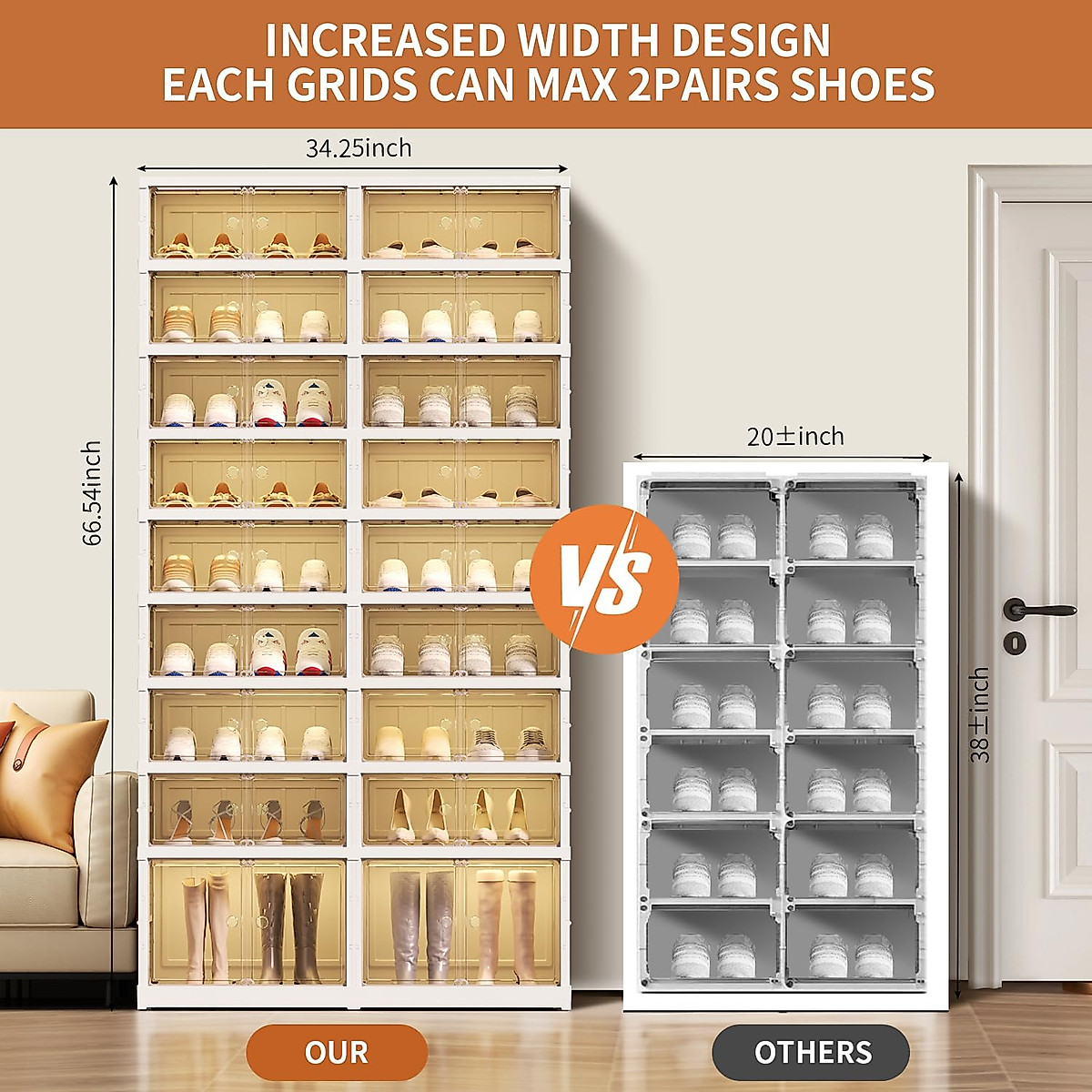 EHAMILY 9 Tier Foldable Shoe Rack Organizer for Closet 18-36Pairs Plastic Collapsible Shoe Shelf for front door entrance Stackable Clear Folding Shoes Storage Boxes Tall Shoe Cabinet