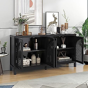 Large Storage Space Sideboard with 4 Artificial Rattan Door, Wooden Storage Cabinet with Metal Handles and Adjustable Shelves, Retro Console Table for Dining Room Living Room Entryway (Black)
